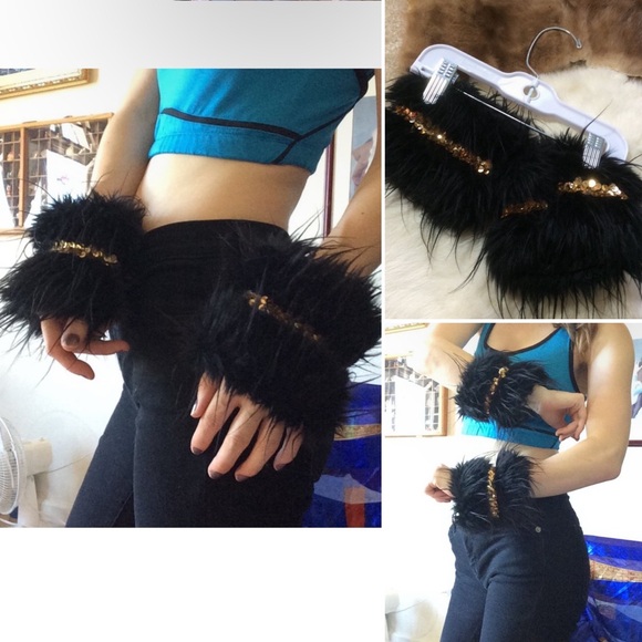 EKA | Accessories | Furry Arm Warmer Bands Gold Sequin Black Faux Furry ...